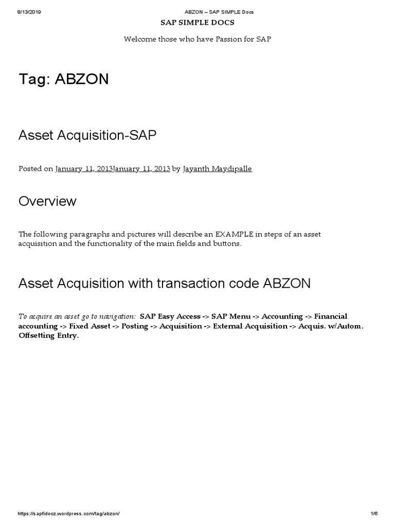 SAP Asset Acquisition Guide: ABZON Steps | PDF | Debits And Credits | Financial Services