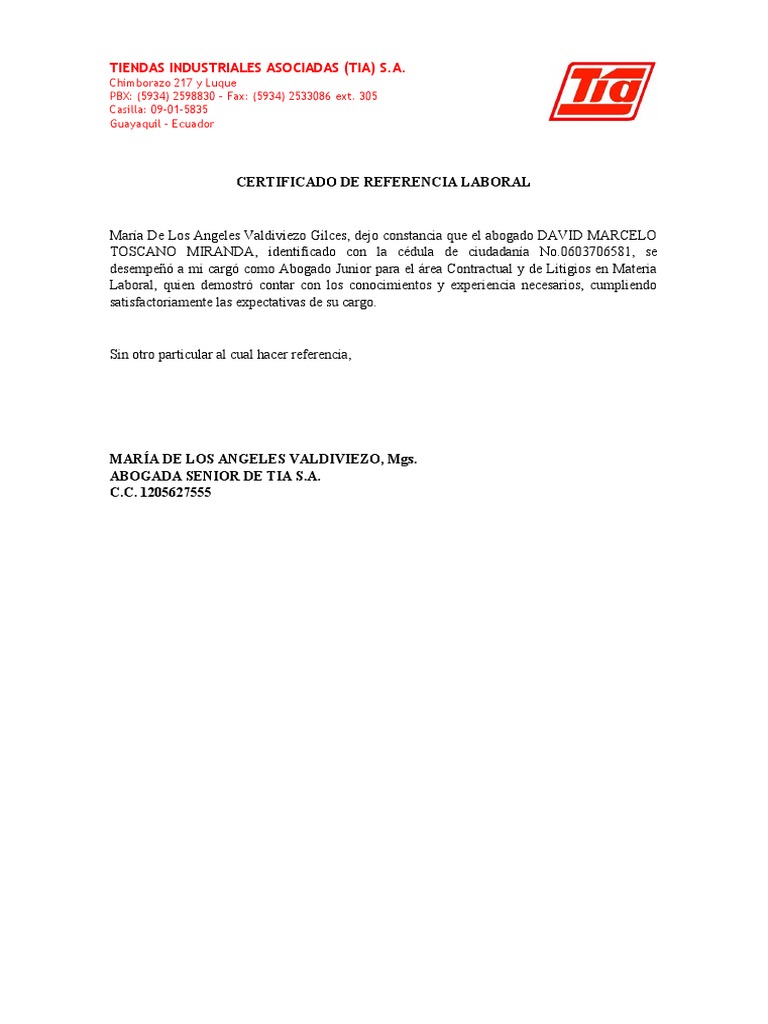 Certificado de Referencia Laboral TIA S.A. | PDF