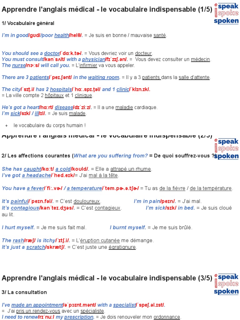 Vocabulaire essentiel en anglais médical | PDF | Maladies et troubles ...
