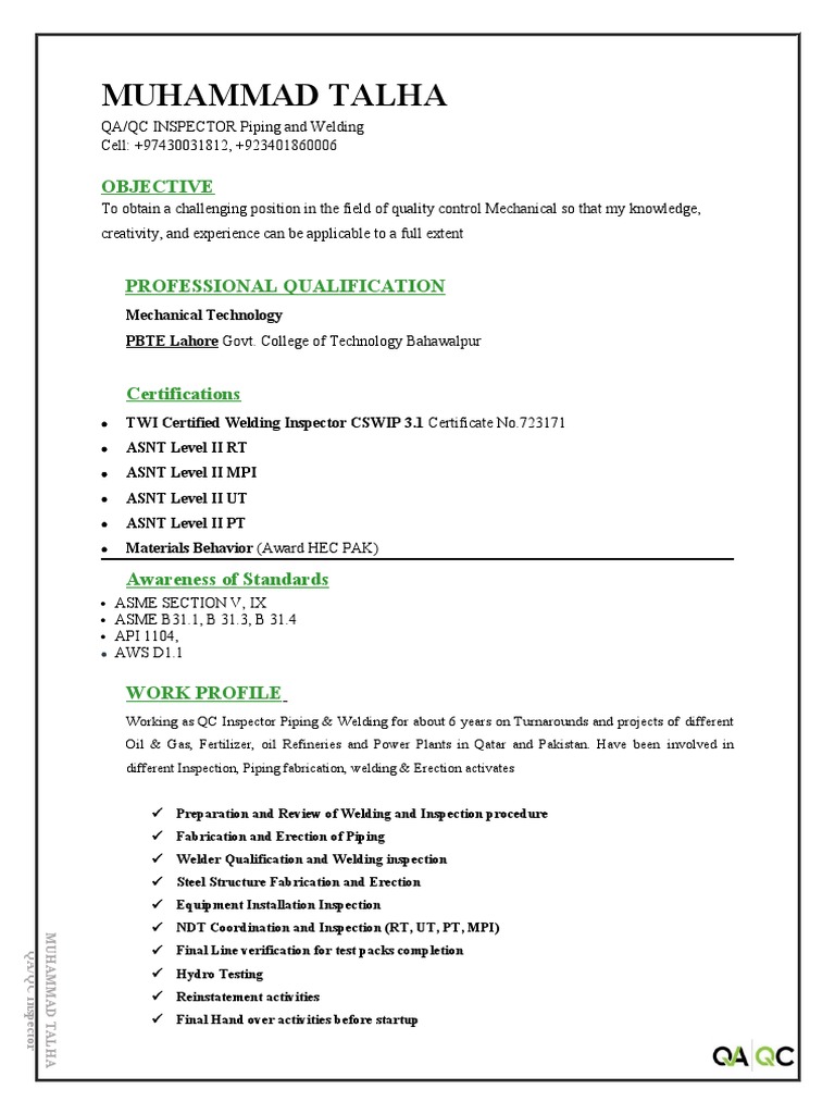 Talha Qaqc Updated CV 2022 | PDF | Nondestructive Testing | Business ...
