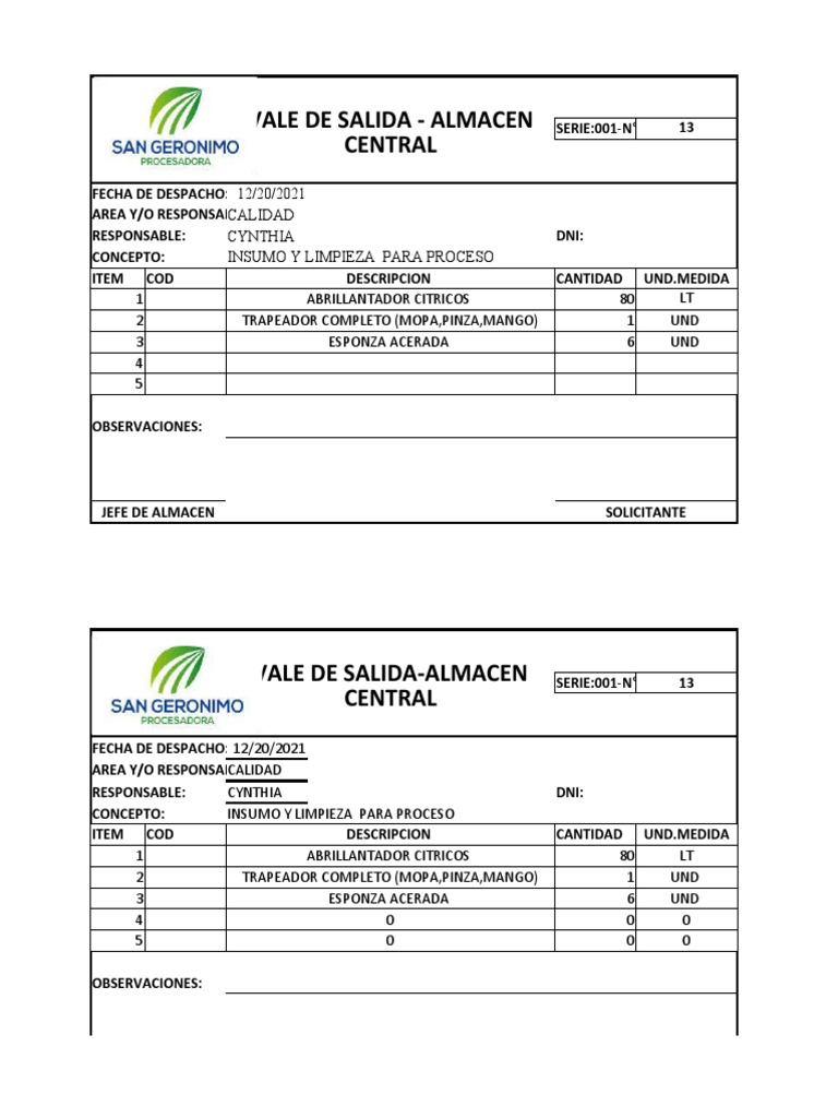 Solicitud de insumos y materiales de limpieza del almacén central | PDF