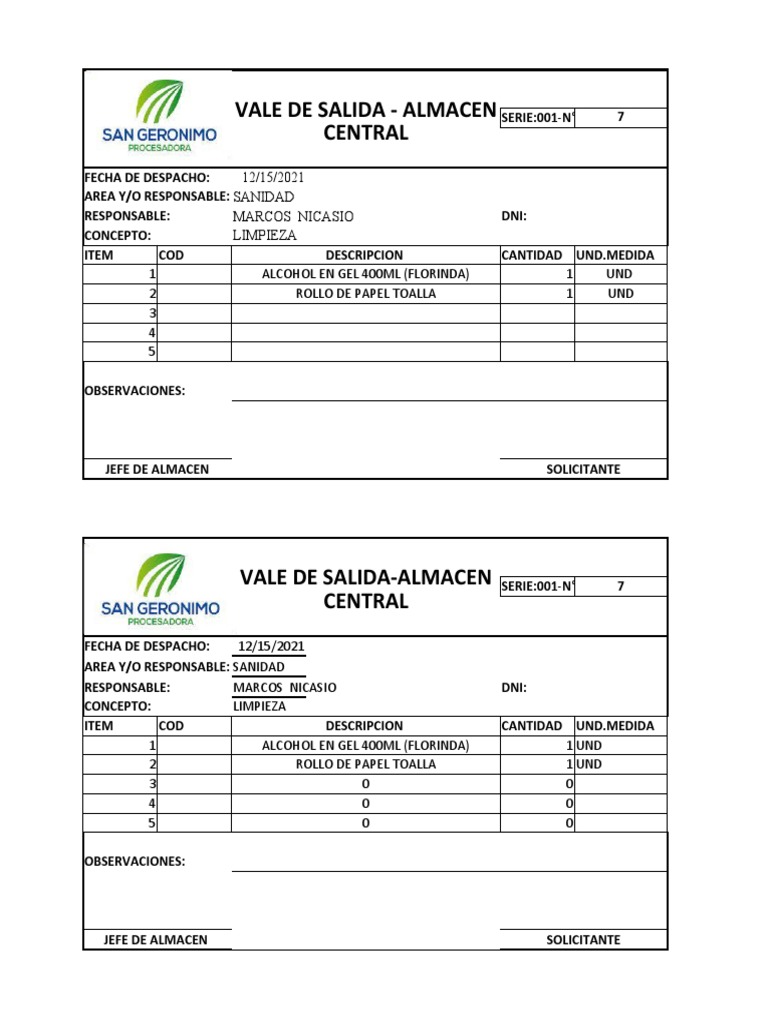 Vale de Ingreso Salida - SANIDAD | PDF