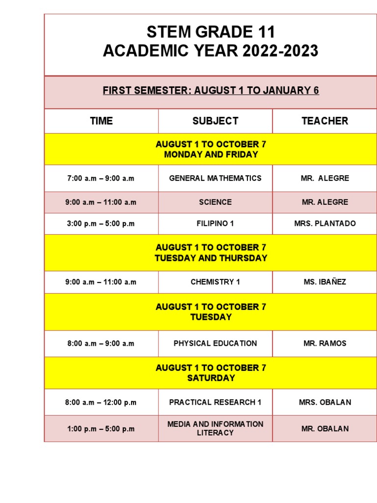 Stem Schedule 2022 2023 | PDF