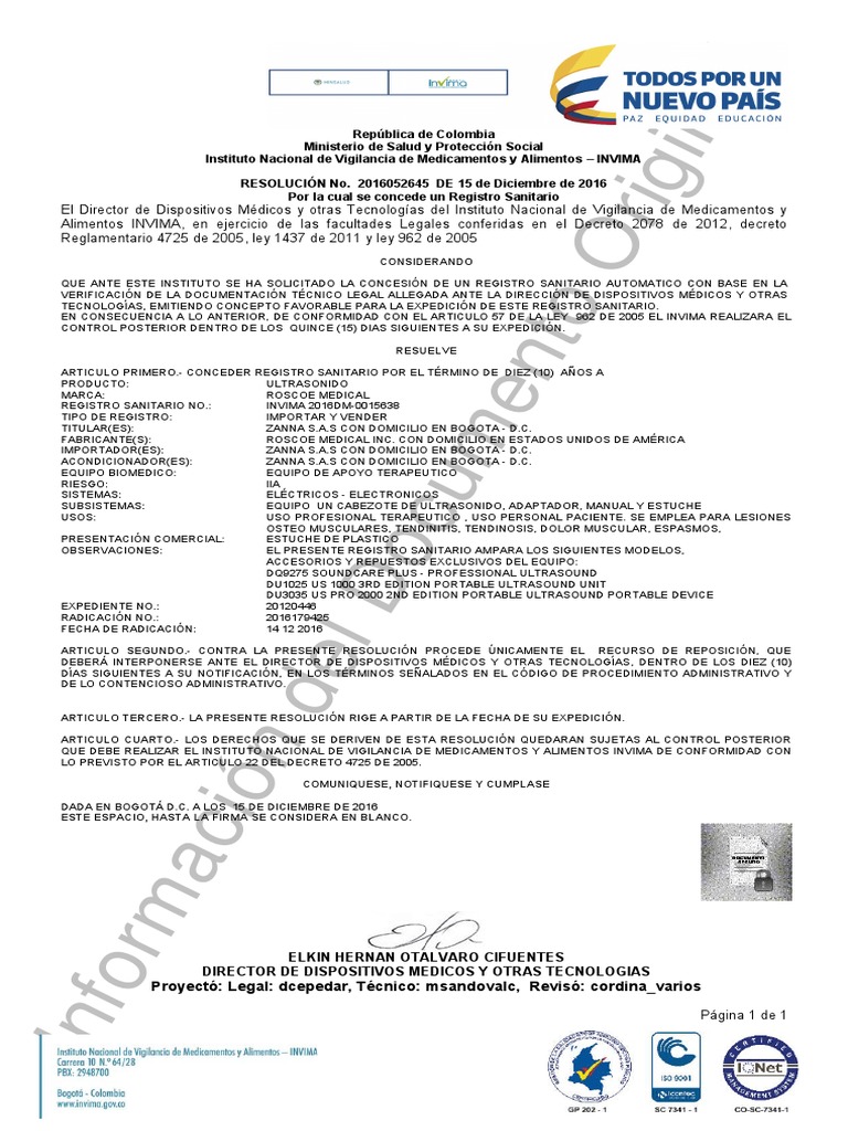 Registro Sanitario Ultrasonido US Pro 2000 | PDF | Cuidado de la salud ...