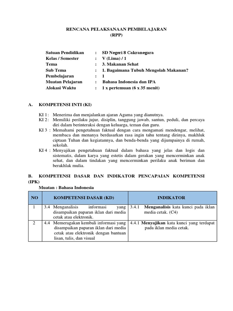 RPP Kelas 5 Semester 1 | PDF