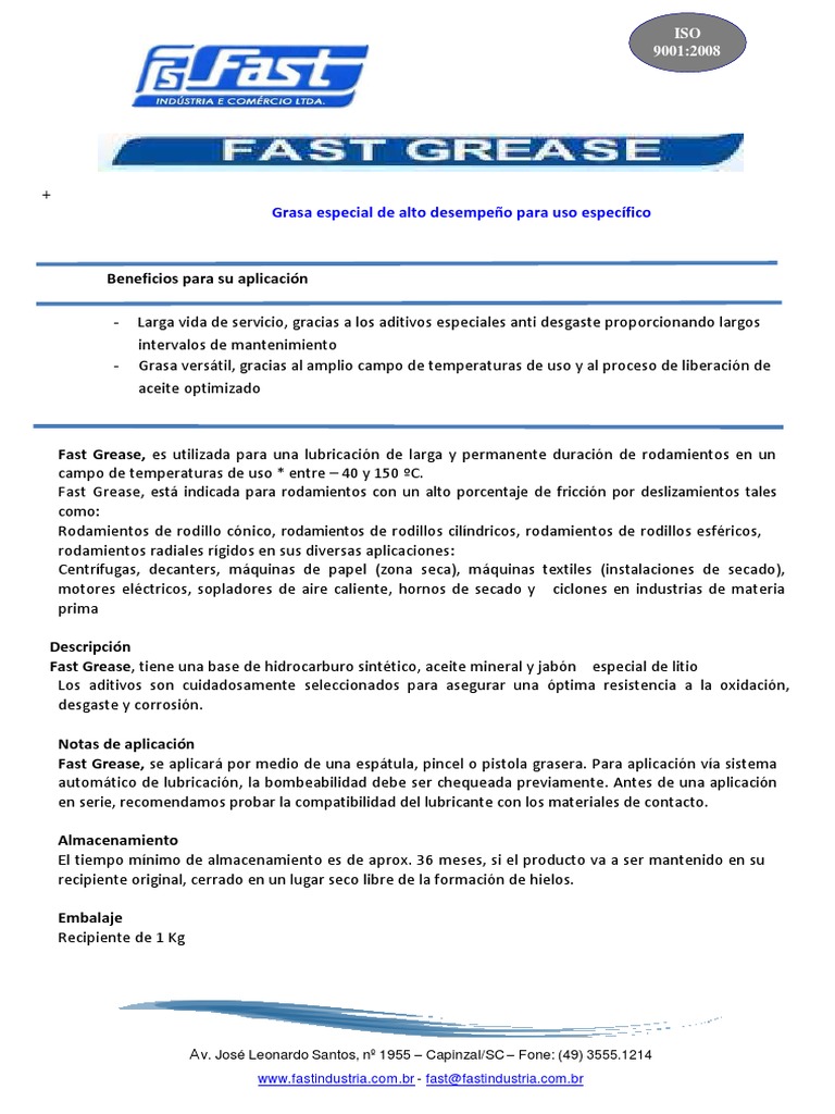 Literatura Tecnica - Fast Grease | PDF | Lubricante | Sustancias químicas