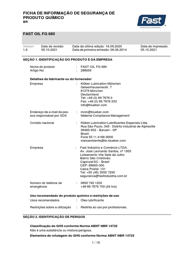 SDS - FAST - OIL - FG - 680 - 288655 - Atualizado | PDF | Solubilidade ...
