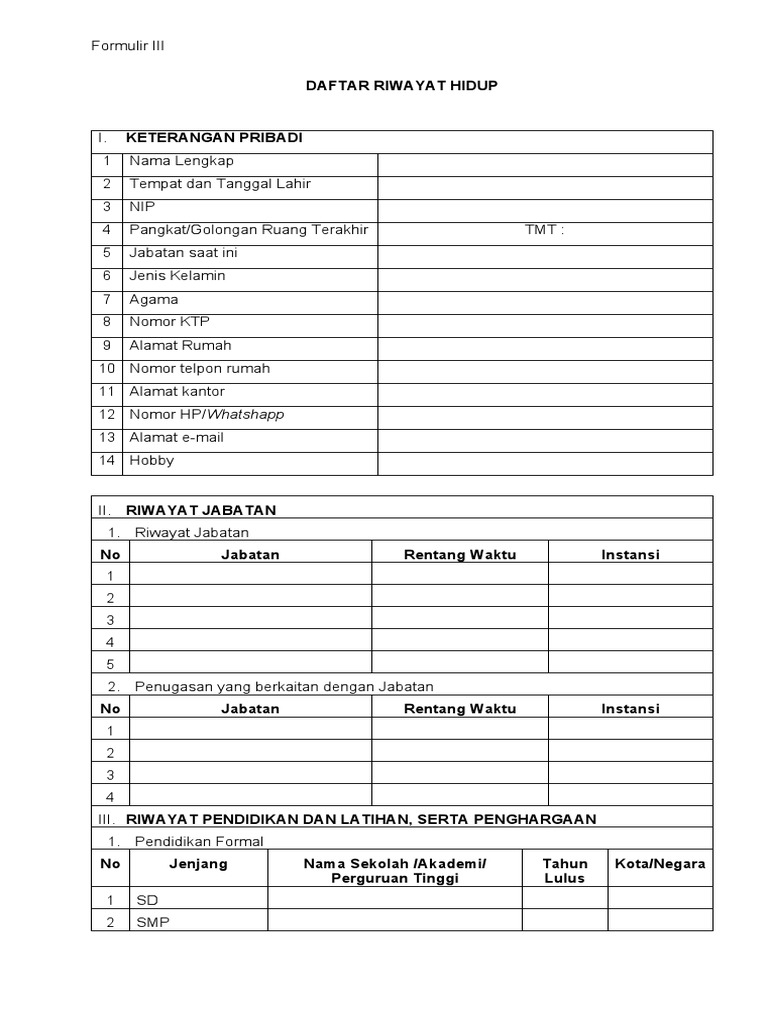 Formulir III Daftar Riwayat Hidup | PDF