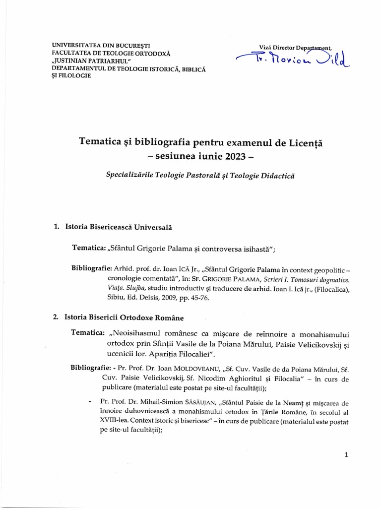 Tematica Si Bibliografie Examen de Licenta Teologie Pastorala Si Teologie Didactica Iunie 2023 ...