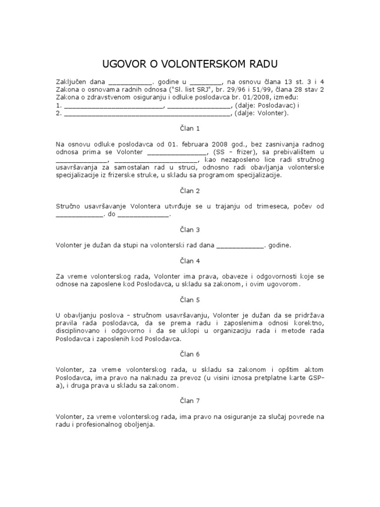 Ugovor O Volonterskom Radu | PDF