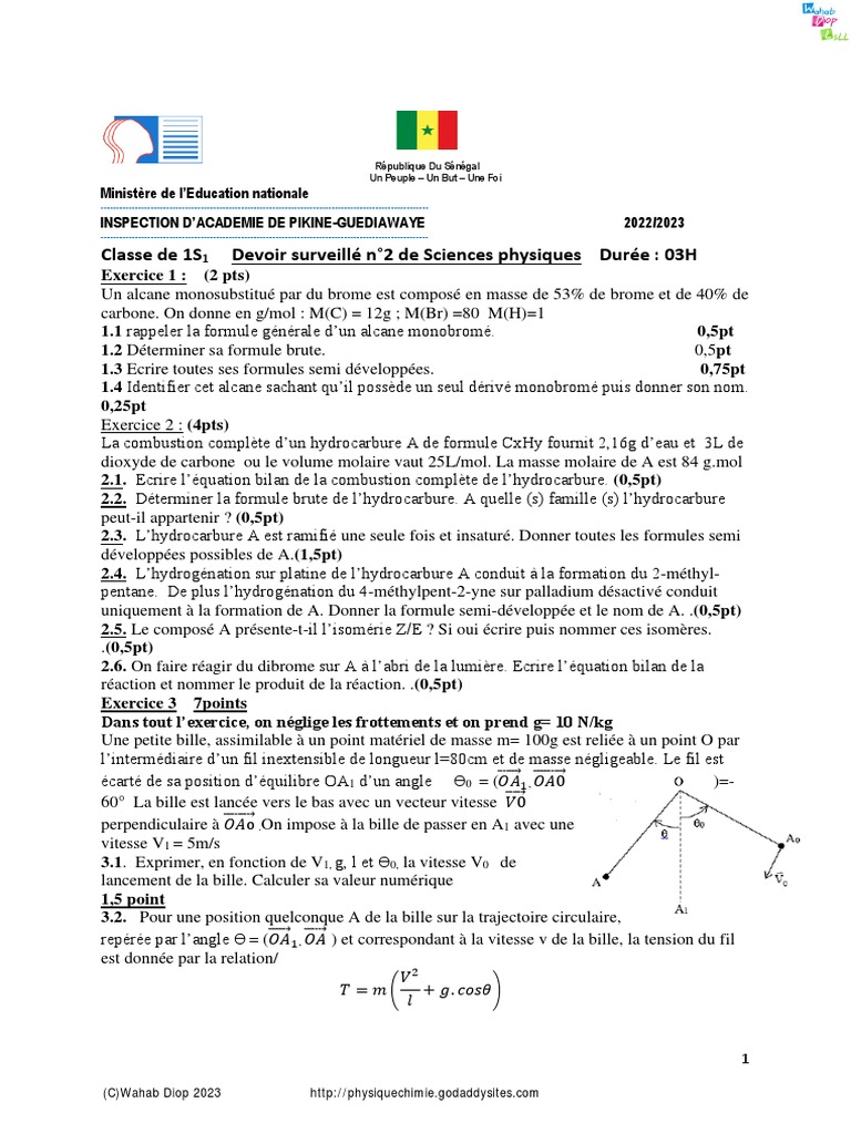 Devoir de Physique 1S1 - Exercices Corrigés | PDF | Alcane | Vitesse