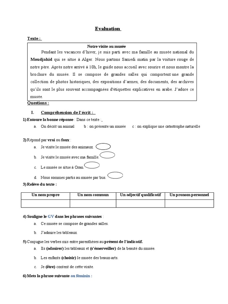 Évaluation sur la visite du musée 5AP | PDF | Linguistique | Grammaire