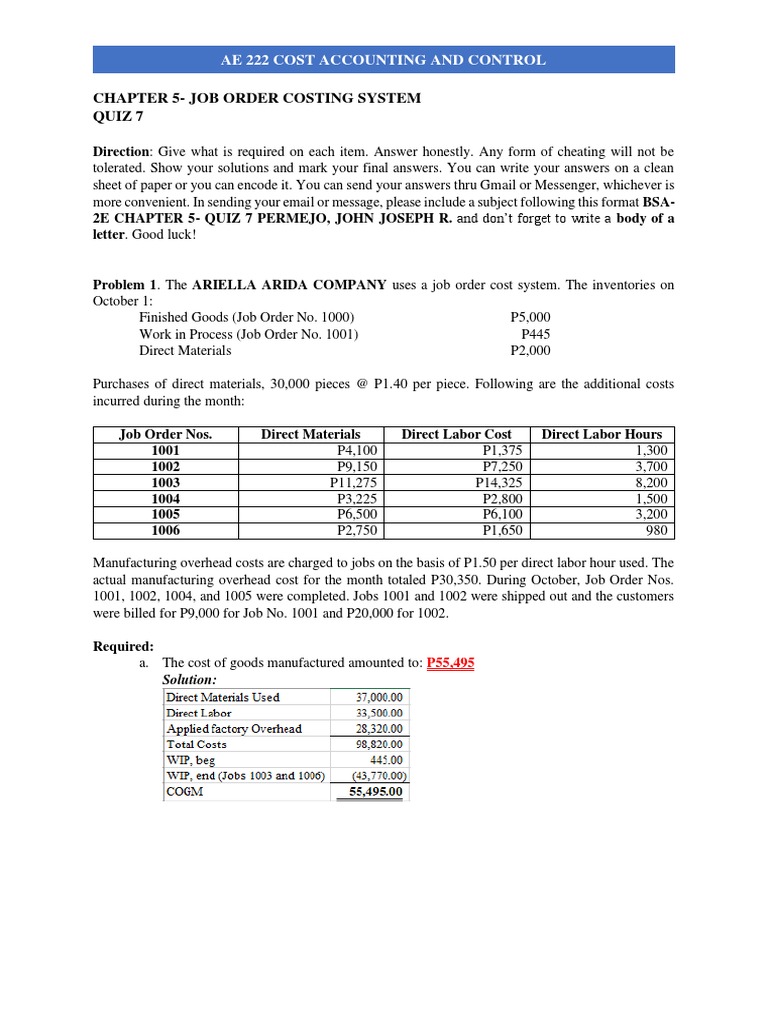 Job Order Costing Quiz Answer | PDF | Inventory | Cost Of Goods Sold