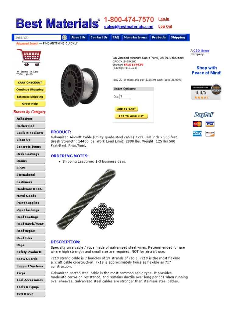 Galvanized Aircraft Cable 7x19, 3 - 8 In. X 500 Feet Comp | PDF | Wire ...