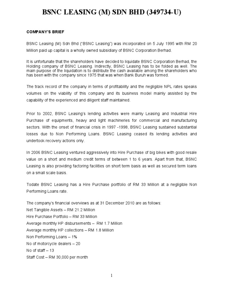 Co Profile BSNC Leasing Liquidation | PDF | Loans | Lease