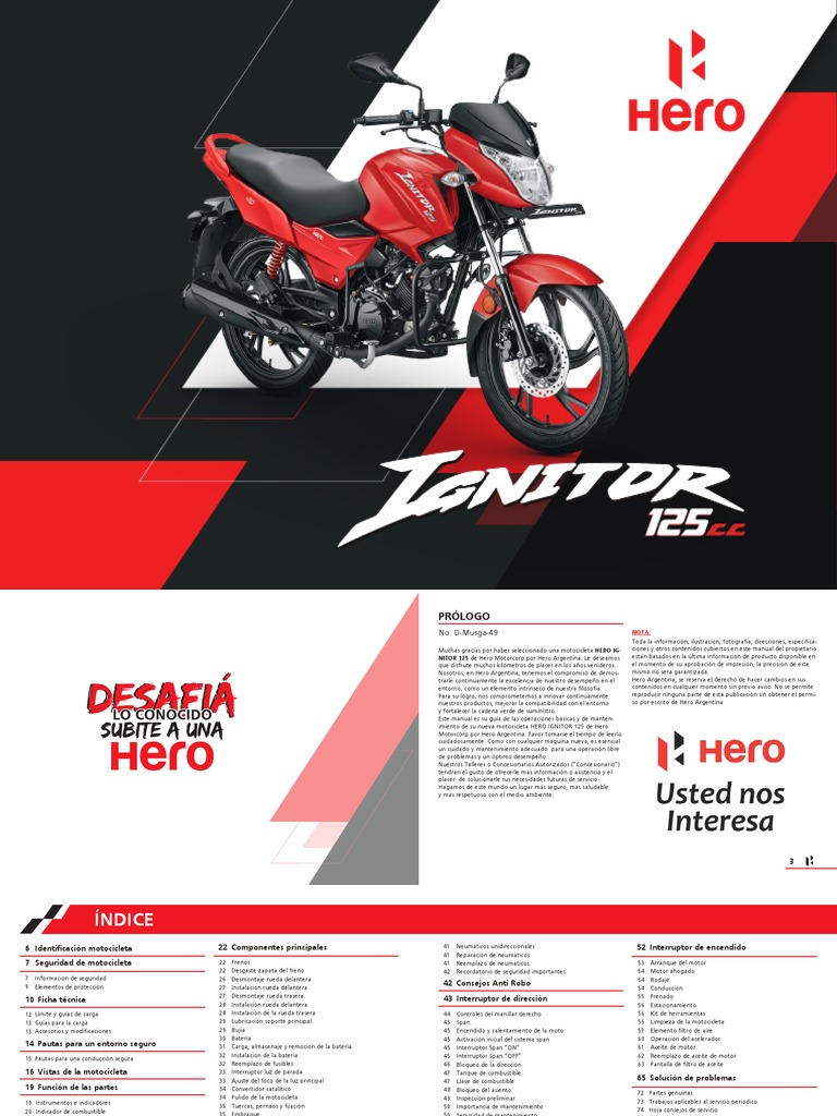 Hero Ignitor125 Manual de Usuario | PDF | Motocicleta | Neumático