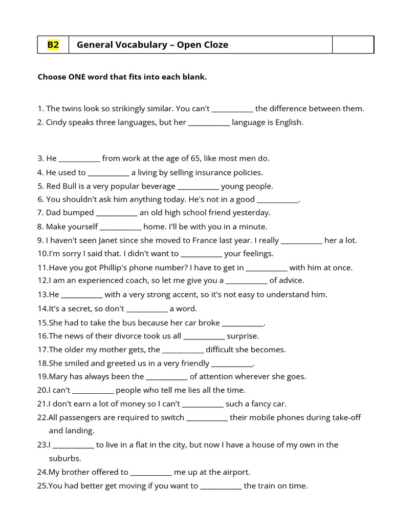 B2 Open Cloze Vocabulary Exercises | PDF