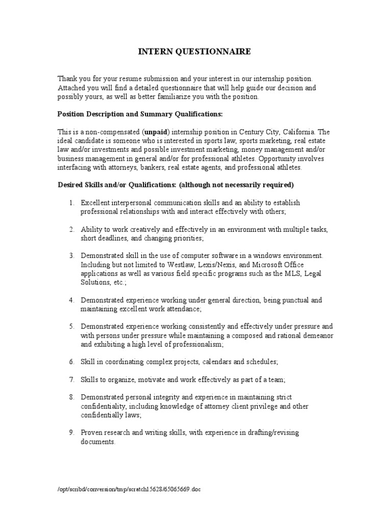 Intern Questionnaire: Position Description and Summary Qualifications ...
