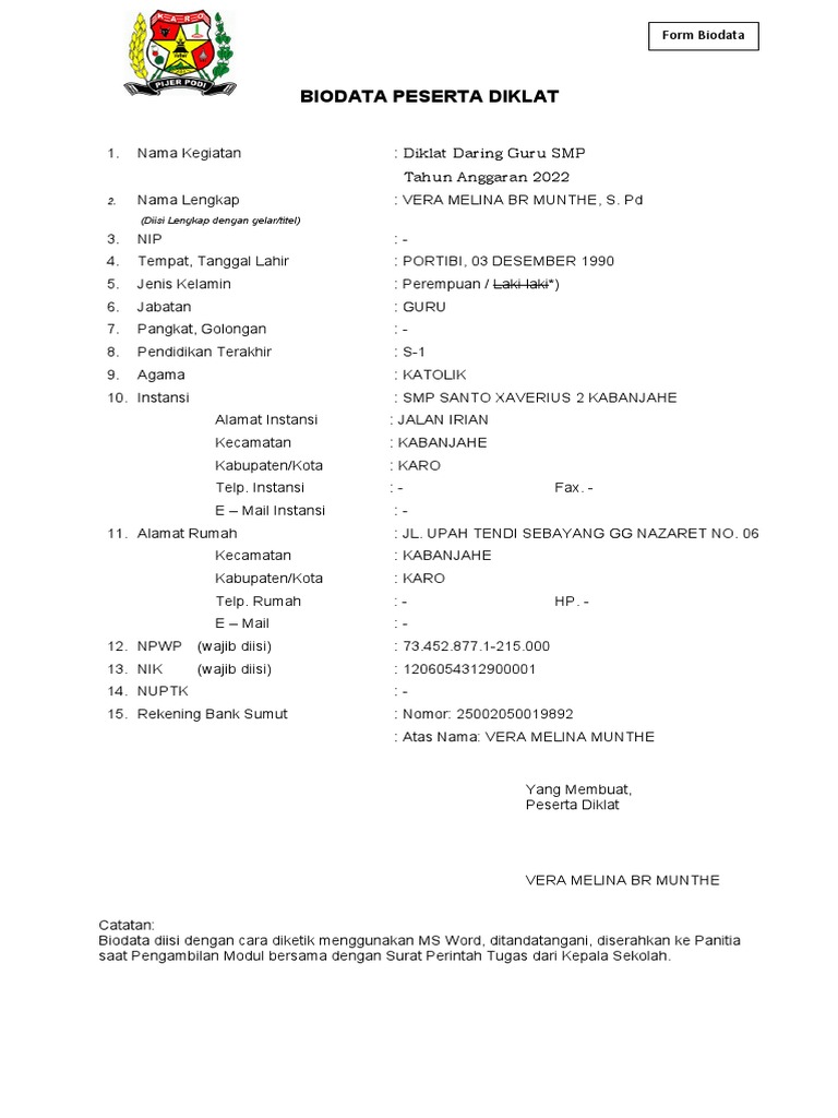 Format Biodata Peserta Diklat Pintar | PDF