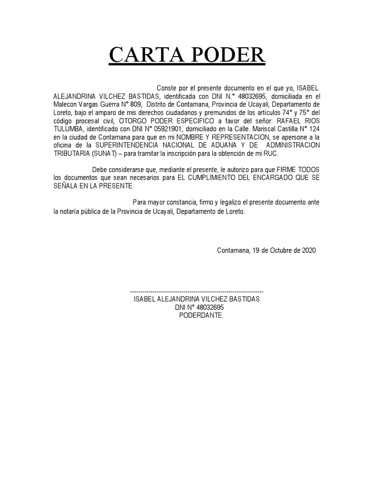 Carta poder para tramitar inscripción y obtención de RUC ante SUNAT | PDF