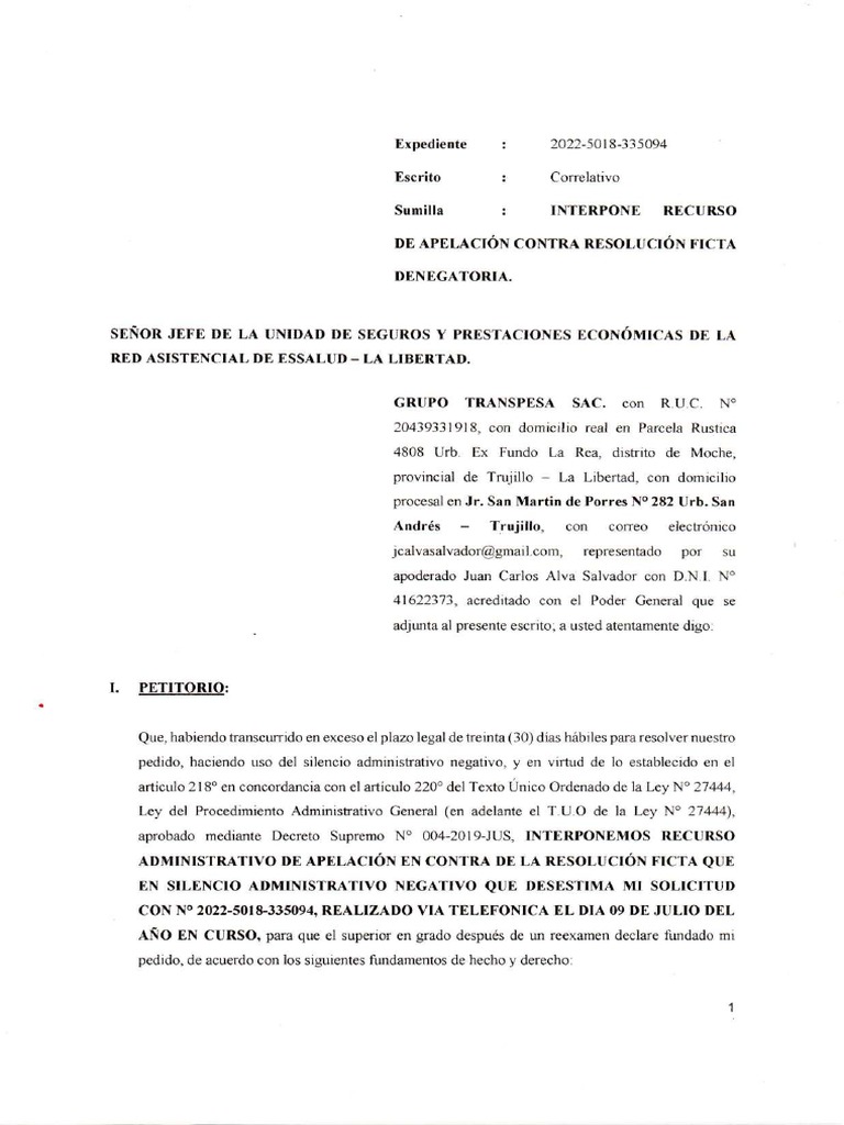 Apelacion Ante Essalud - Transpesa - Caso Navarro Granada Percy | PDF