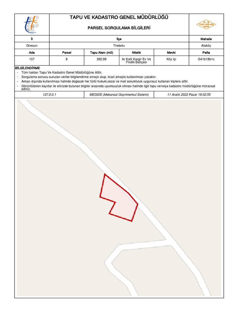 TKGM Parsel Sorgu Sonuc 107 Ada 8 Parsel | PDF