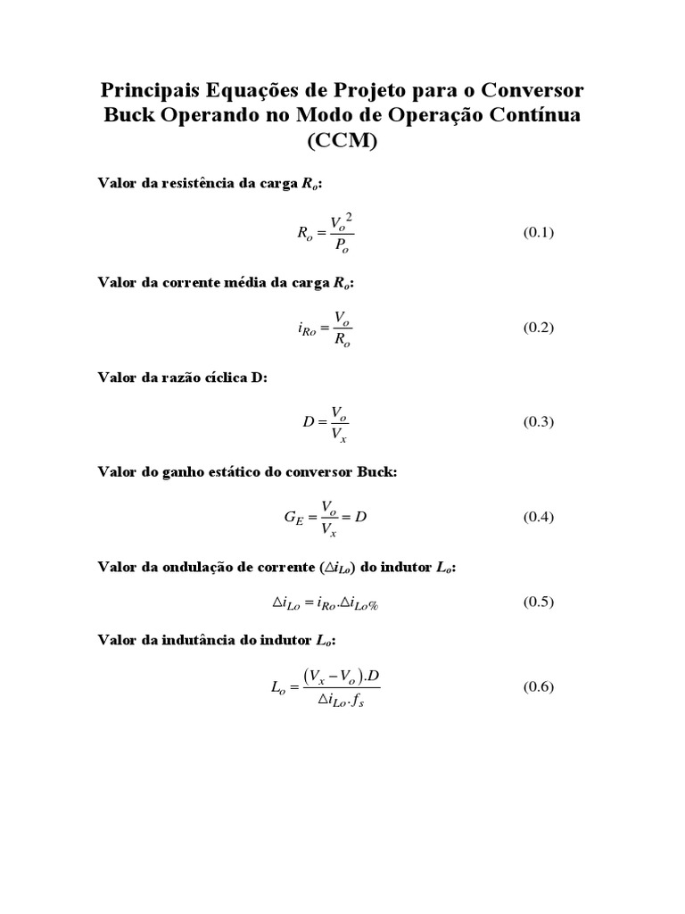 Principais Equações de Projeto para o Conversor Buck Operando em CCM ...