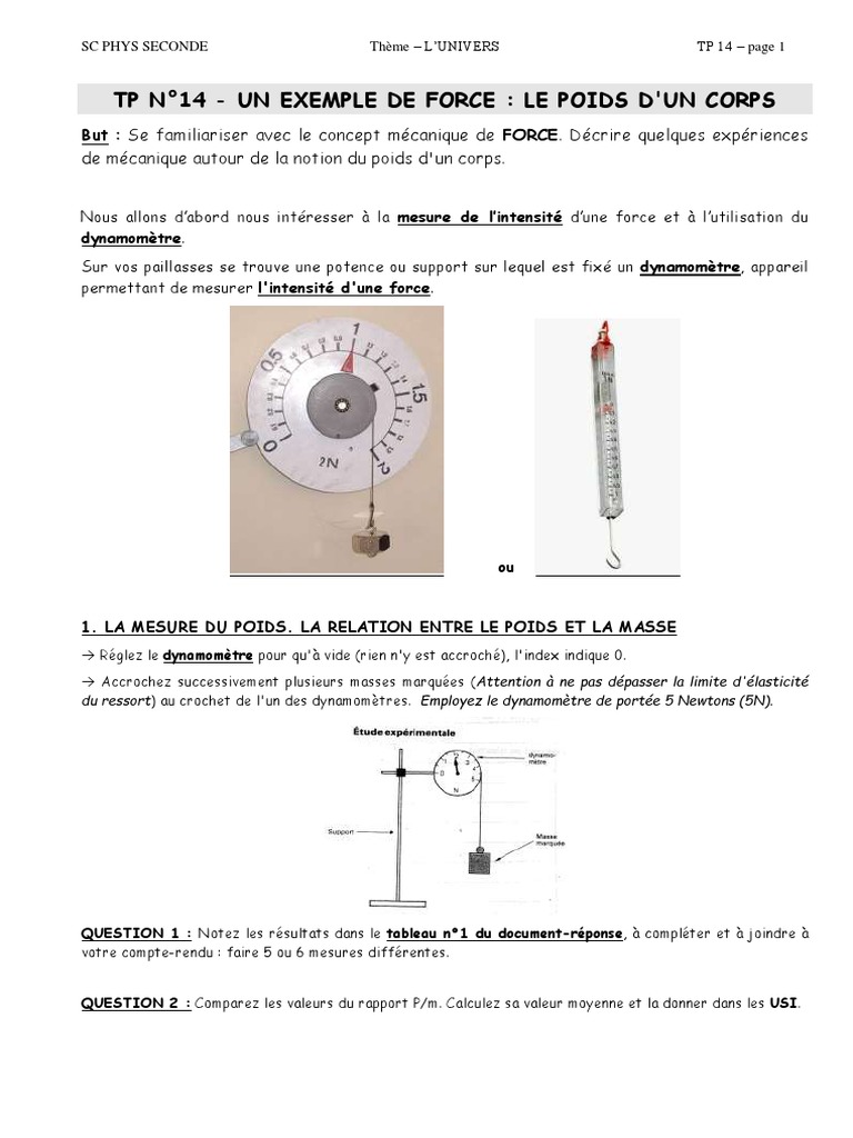 TP N°14 - Un Exemple de Force: Le Poids D'Un Corps | PDF | Poids ...