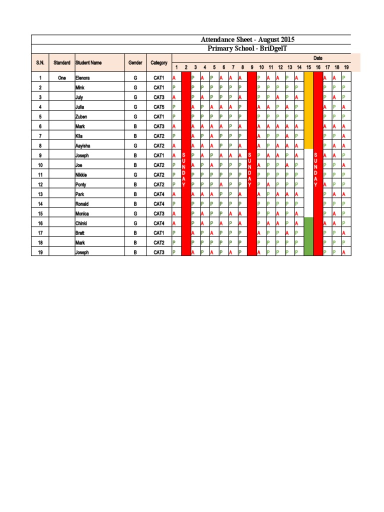 Ict Lab 1st Excel Assignment Attendance Pdf
