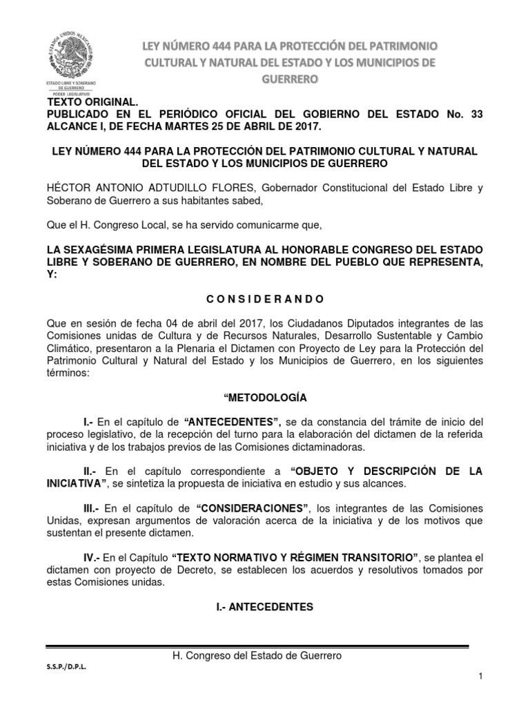 Ley para La Proteccion Del Patrimonio Cultural y Natural Del Estado y Los Municipios de Guerrero ...