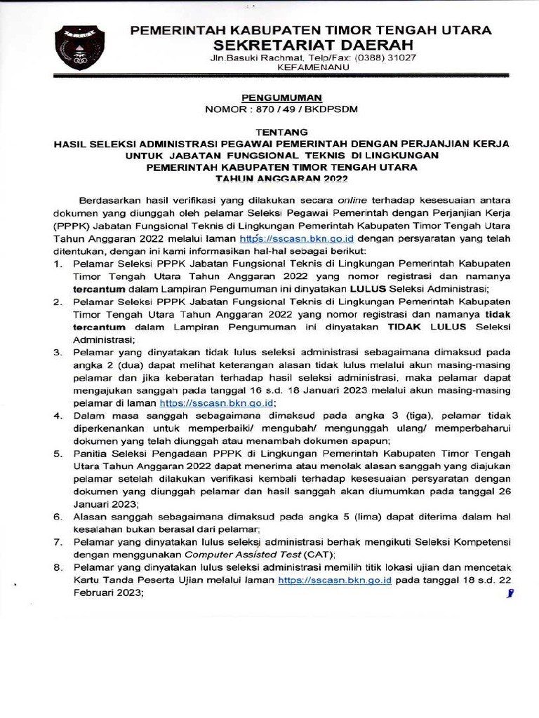Pengumuman Hasil Seleksi Administrasi PPPK Tenaga Teknis Di Lingkungan Pemkab TTU TA 2022 | PDF