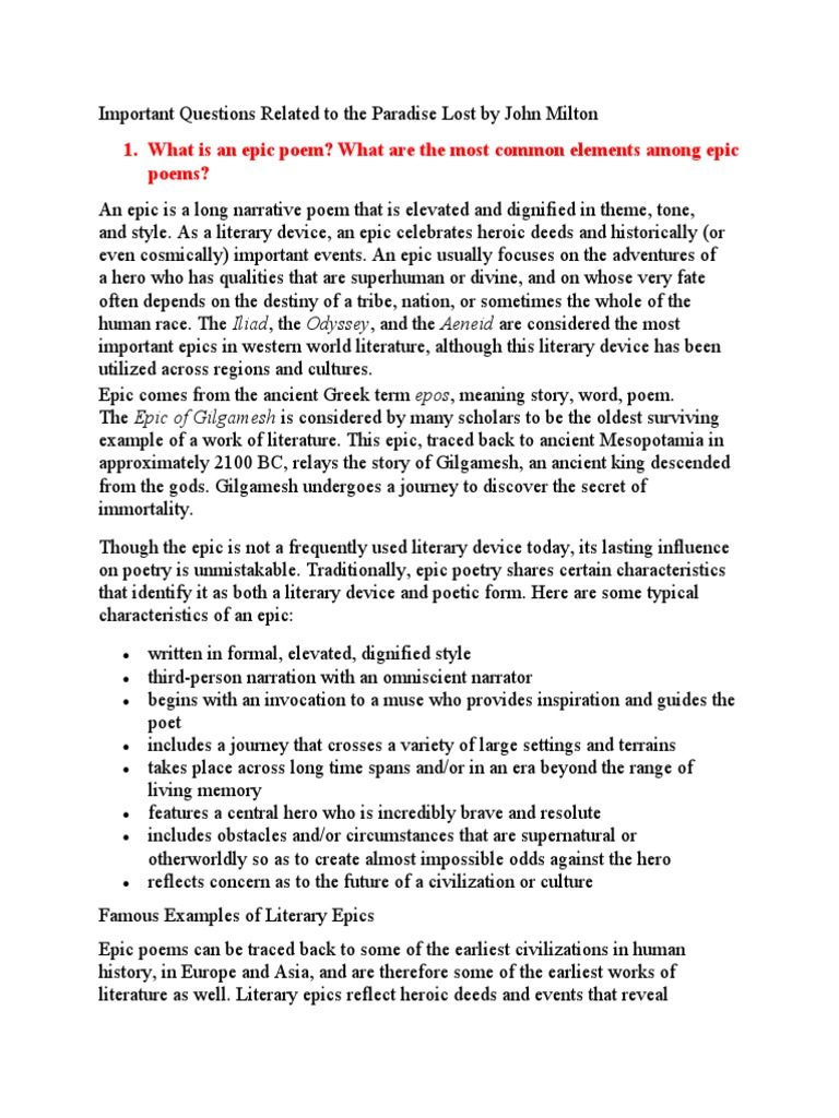 Paradise Lost Questions | PDF | Epic Poetry | Paradise Lost