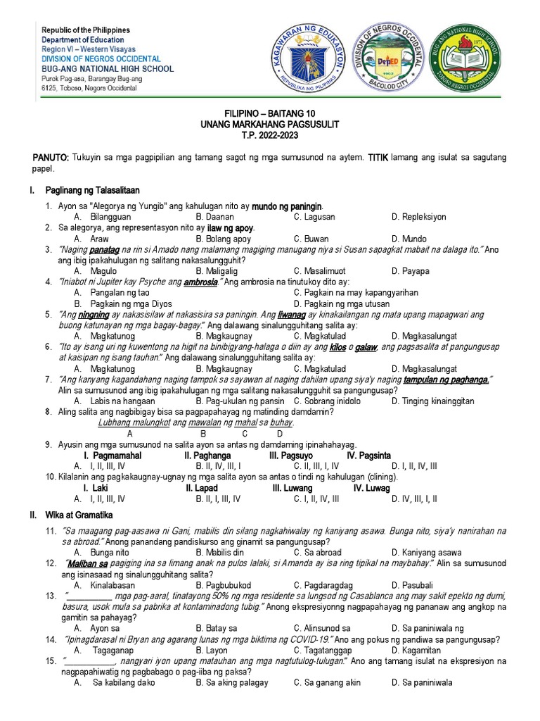 Q1 Fil 10 Exam Aralin 1 1 1 4 Pdf
