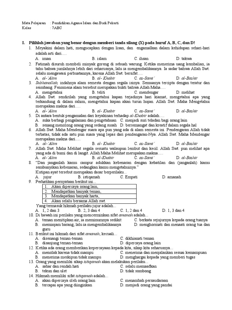 Soal PTS PAI Kelas VII Ganjil 22-23 | PDF
