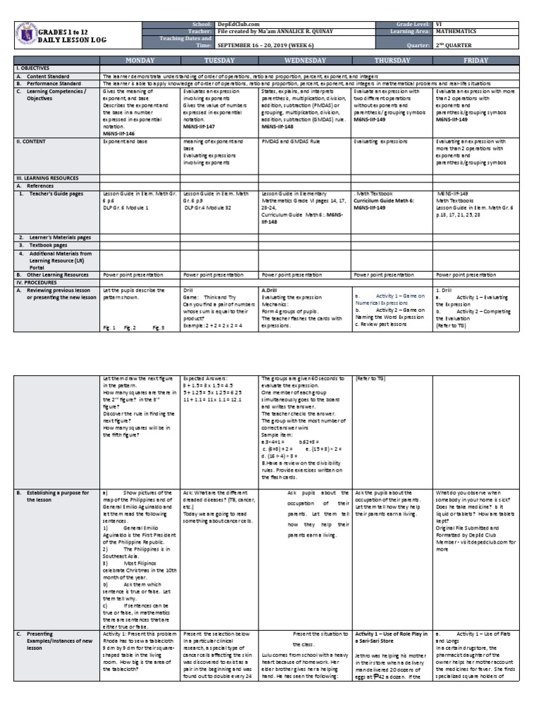 DLL - Mathematics 6 - Q2 - W6 | PDF | Exponentiation | Multiplication