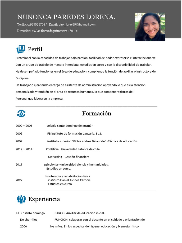 NUNONCA PAREDES LORENA Curriculum Asistente | PDF | Servicio al Cliente | Gestión de recursos ...