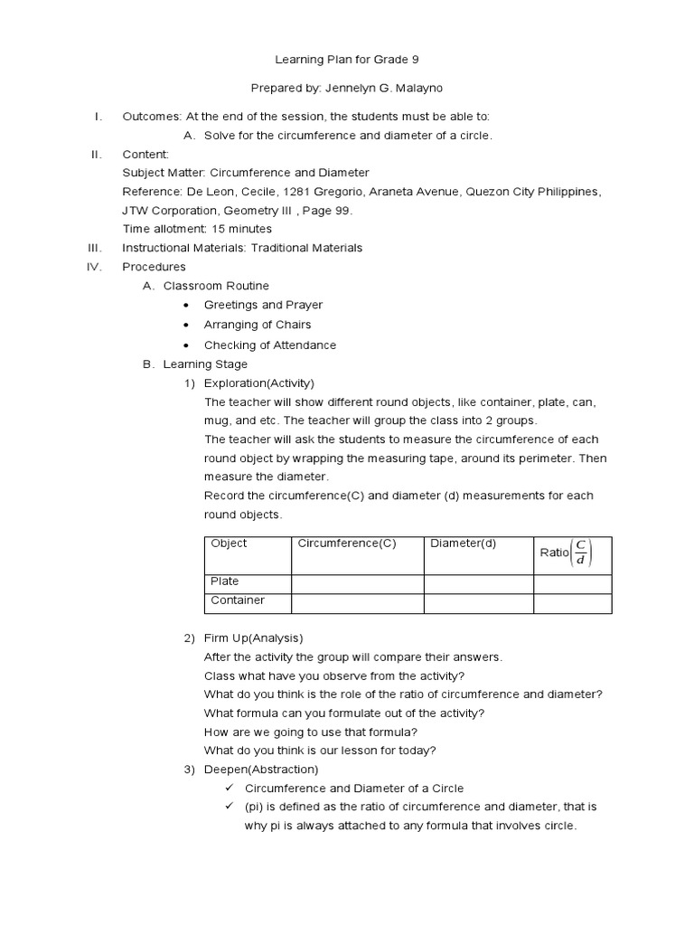 Demo Lesson Plan | PDF | Teachers | Circle Demo Lesson Plan | PDF | Teachers | Circle