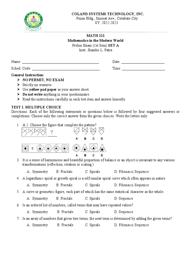 SET A MATH 111 PRElIM EXAM | Download Free PDF | Symmetry | Pattern