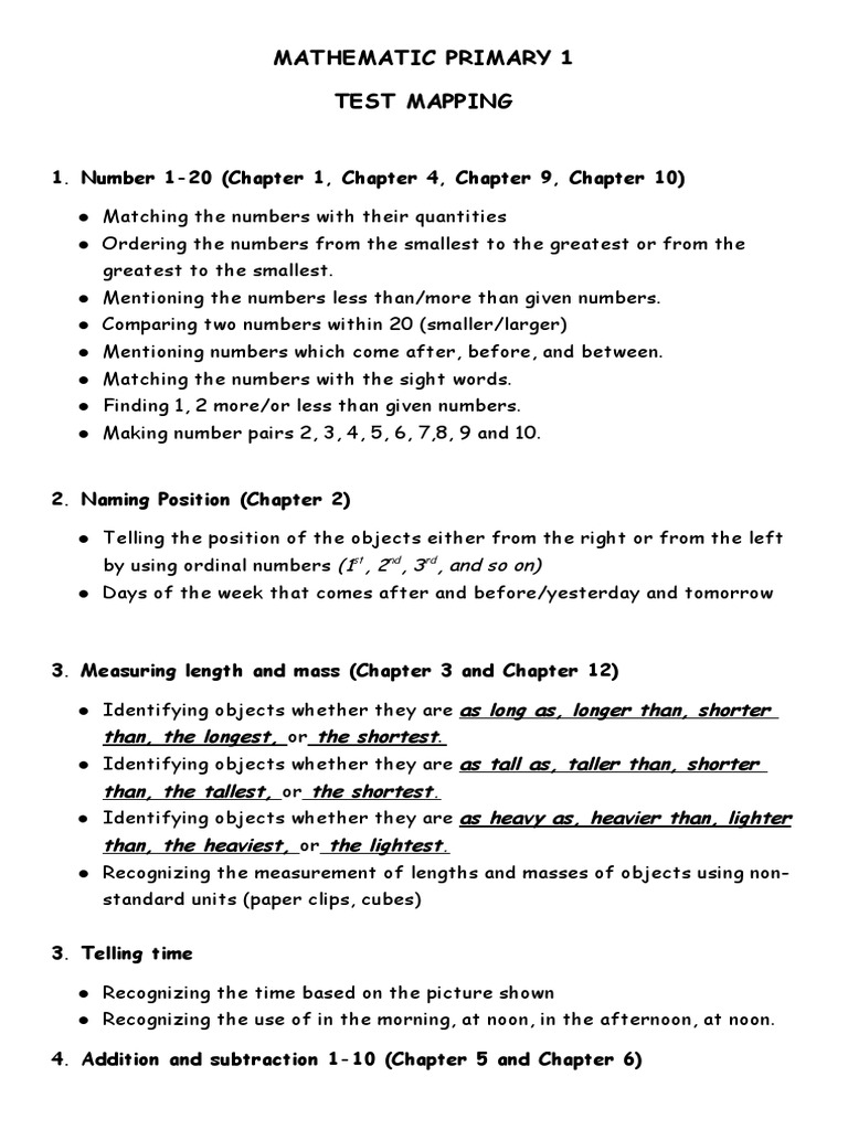 Primary 1 Math Test Mapping Guide | PDF