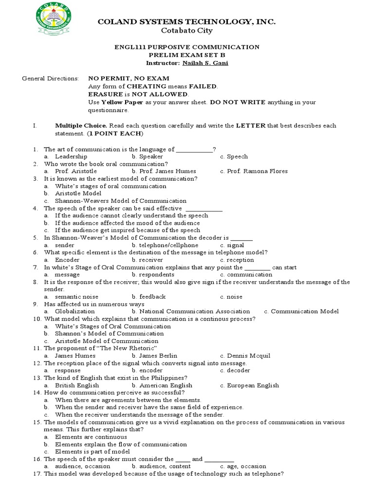 Engl 111 Prelim Exam Set B | Download Free PDF | Communication | Cognition