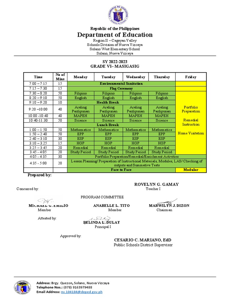 Proposed Weekly Timetable and Subject Outline for Grade VI Students at ...