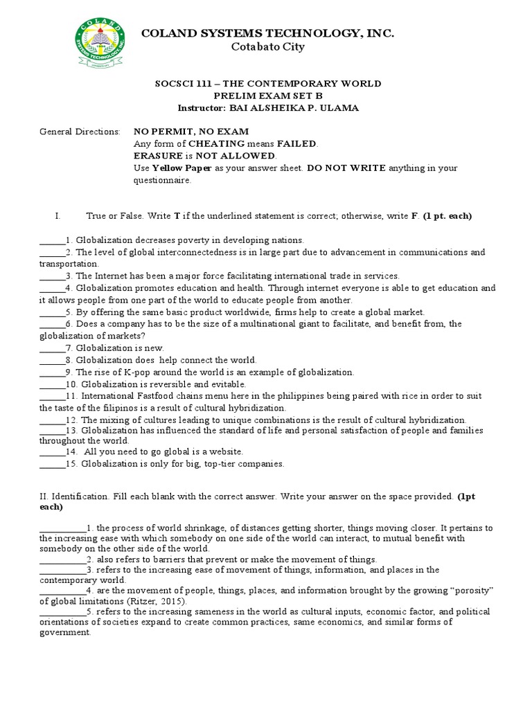 Prelim Exam The Contemporary World Set B | PDF | Globalization | Information