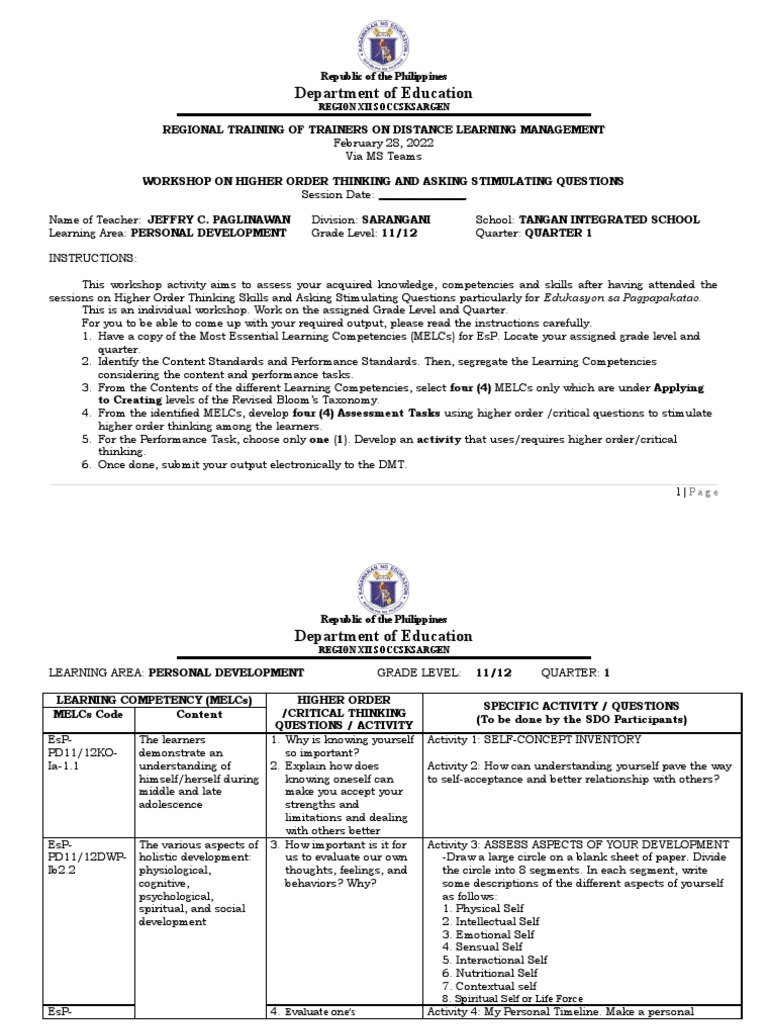 ESP - SAMPLE TEMPLATE - HOTS and Stimulating Questions | PDF | Learning ...
