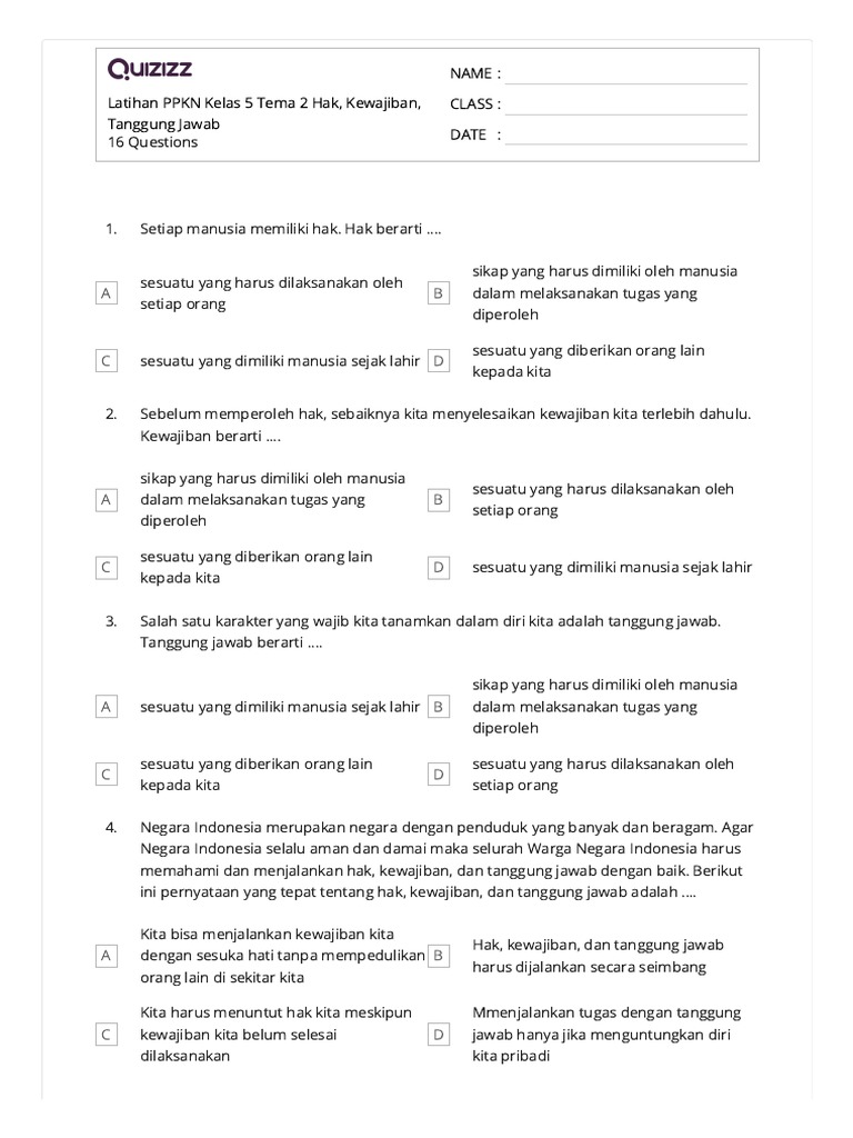 Latihan PPKN Kelas 5 Tema 2 Hak, Kewajiban, Tanggung Jawab | PDF