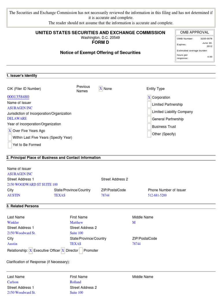 United States Securities and Exchange Commission Form D Notice of ...