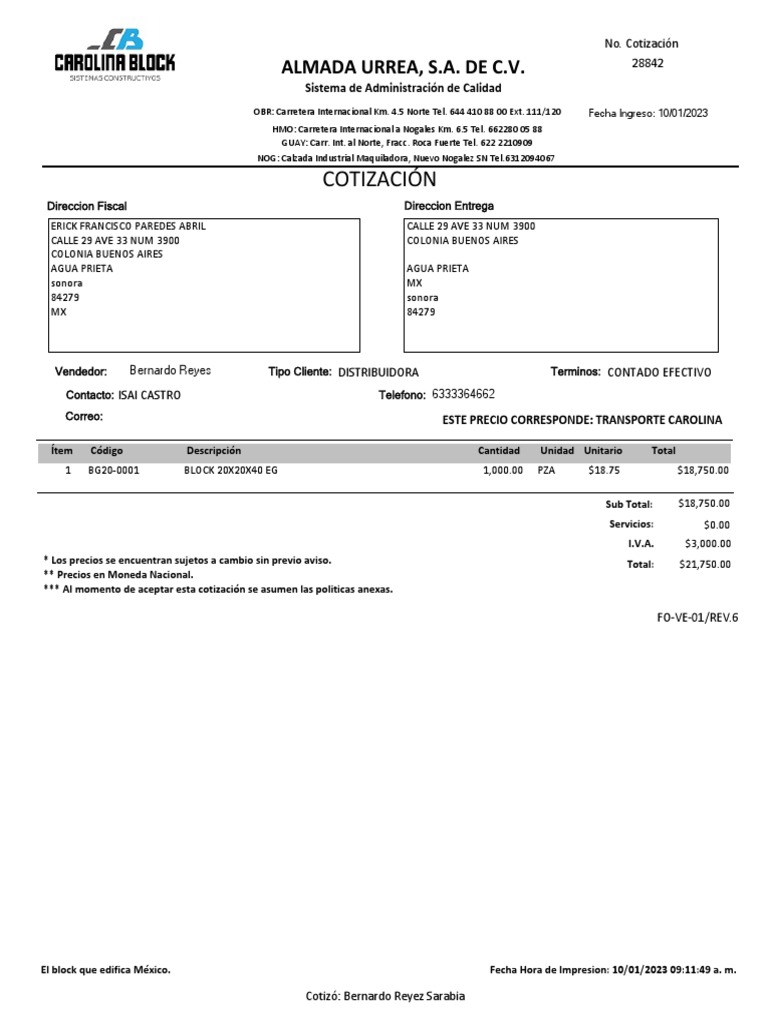 Hoja de Cálculo de Cotización - 2685001 | PDF | Economias