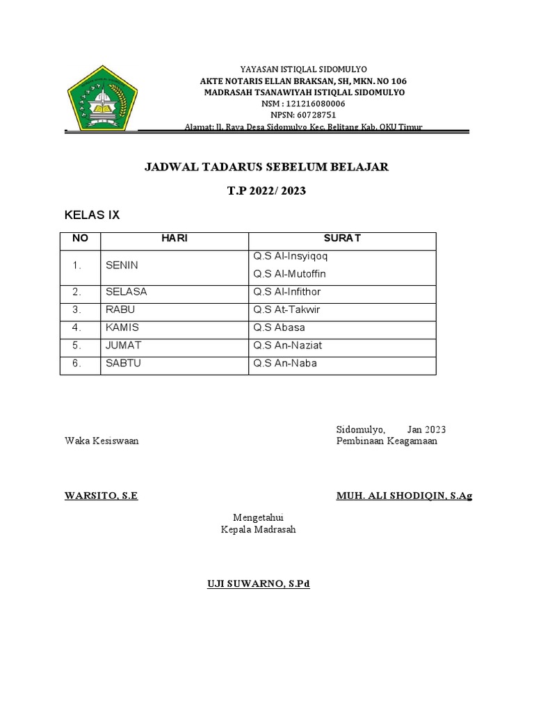 Jadwal Tadarus Sebelum Belajar | PDF