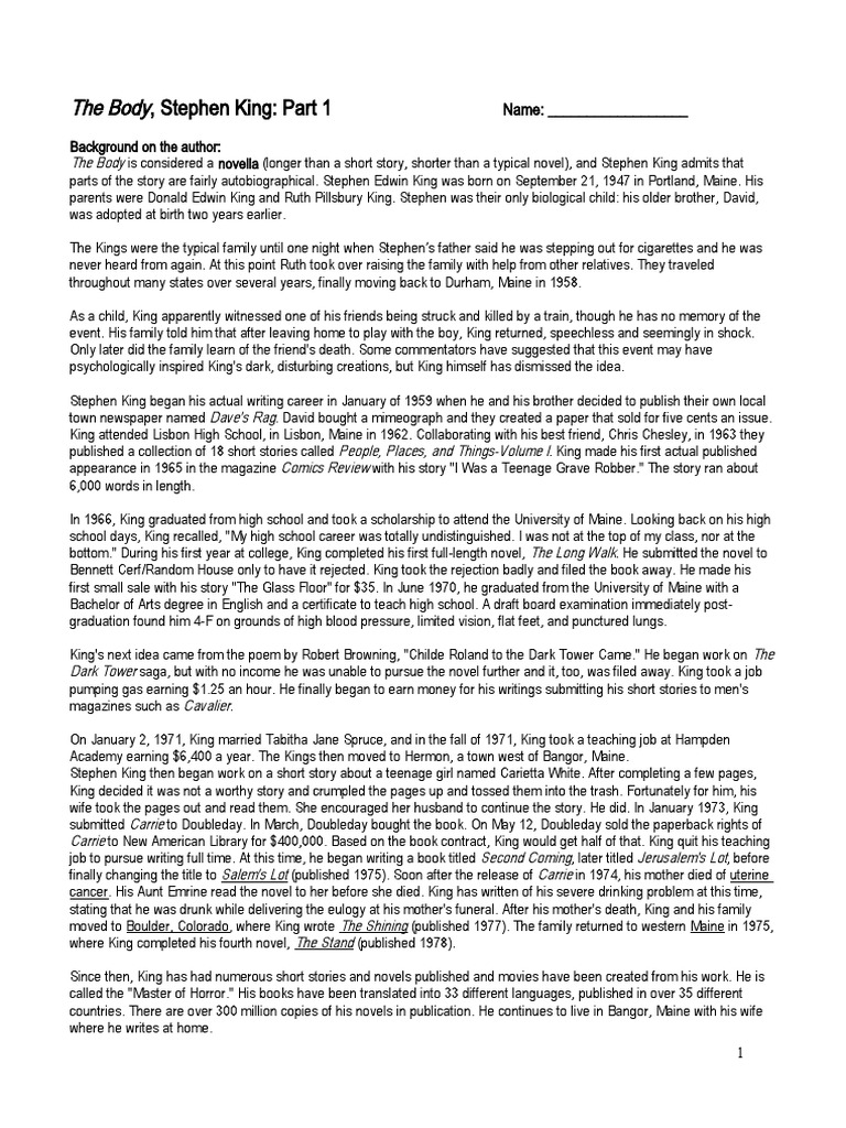 10 The Body Novel Guide Part 1 Teacher | PDF | Irony | Stephen King