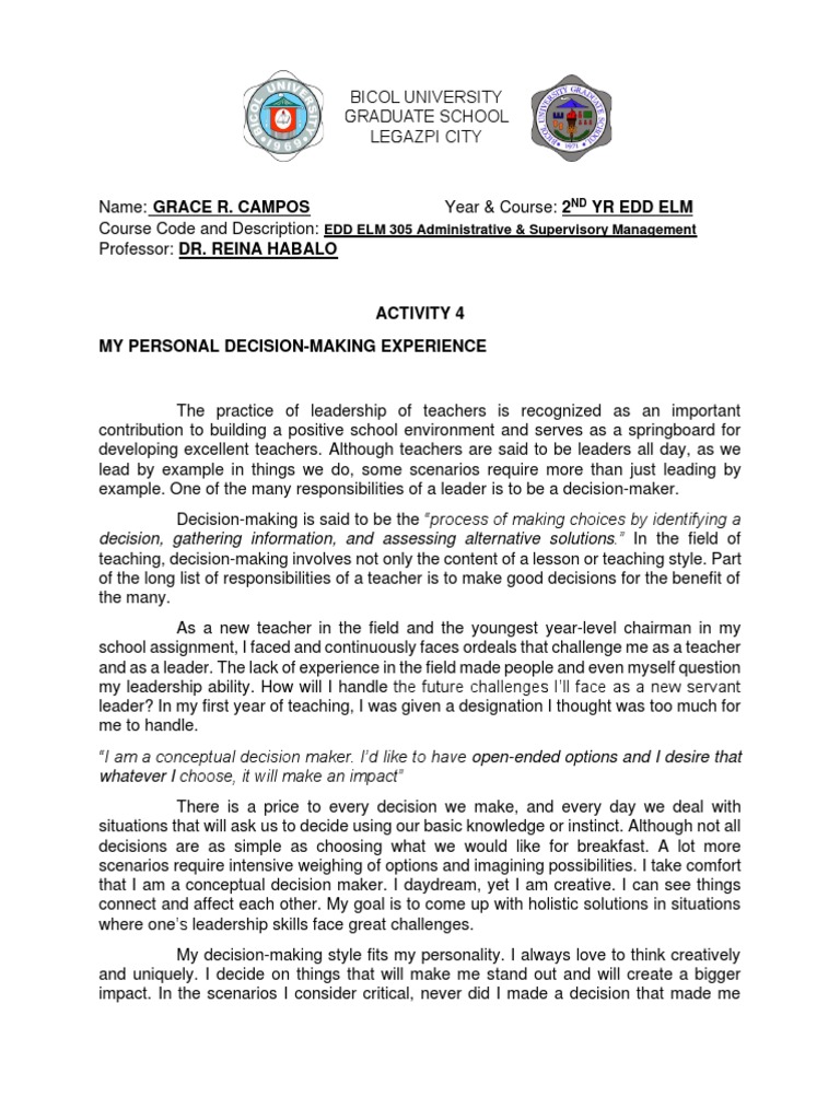 Activity 4 - Campos, Grace R. | PDF | Decision Making | Leadership