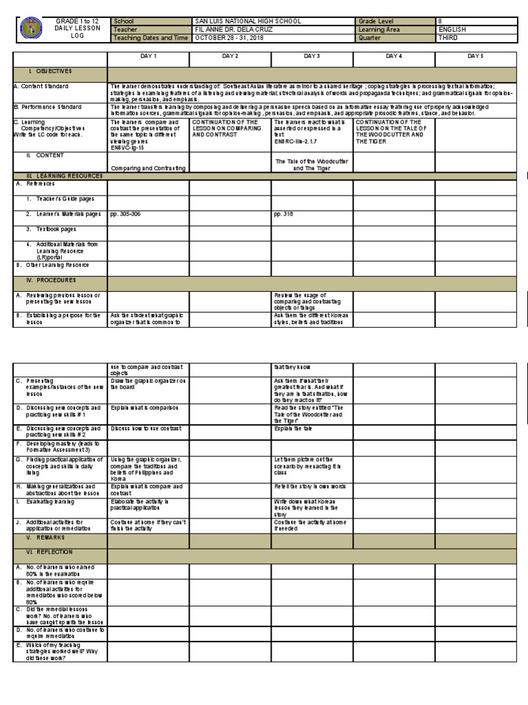 Grade 8 English DLL 3rd Quarter 1st Week | PDF | Learning | Educational ...